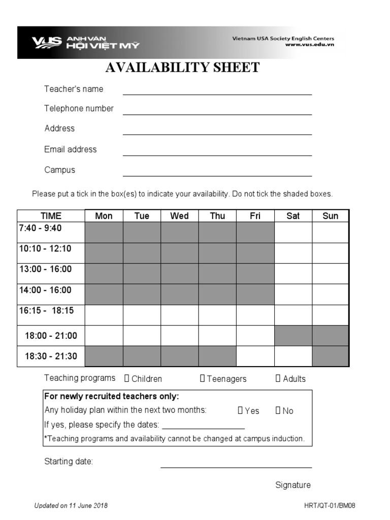 Availability Sheet (HRT QT01 BM08) - Updated 11 June | PDF