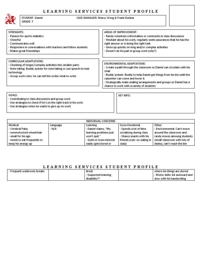 Case Study Daniel Student Profile Template | PDF | Classroom | Applied ...