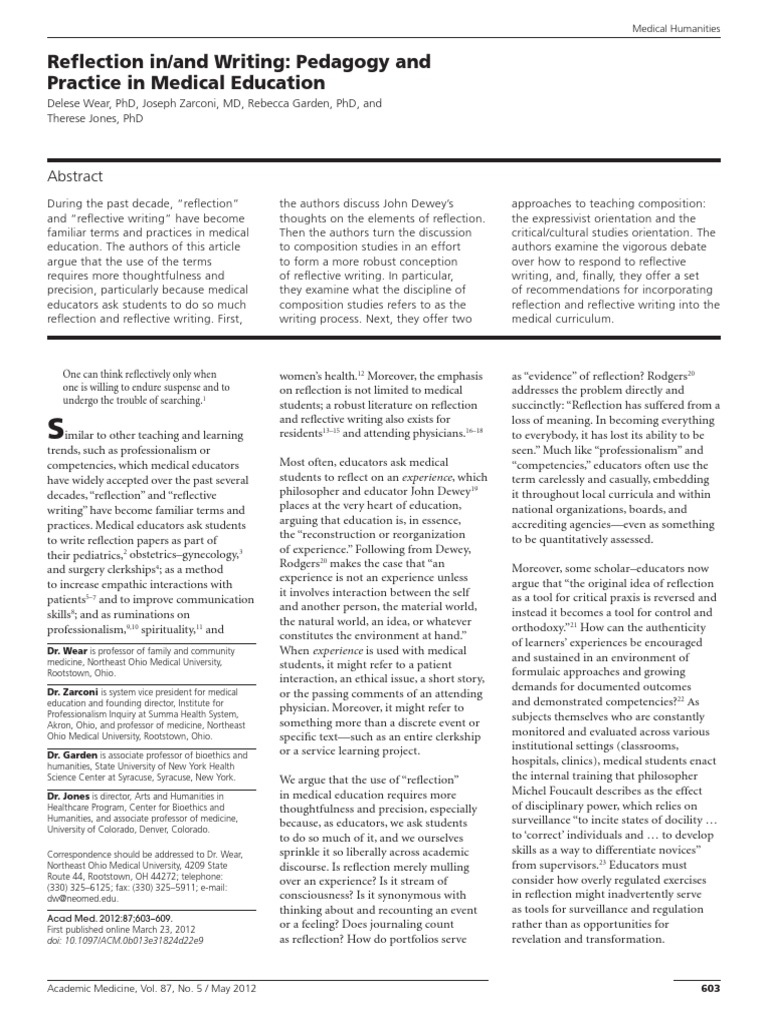 Reflection In/and Writing: Pedagogy and Practice in Medical Education ...