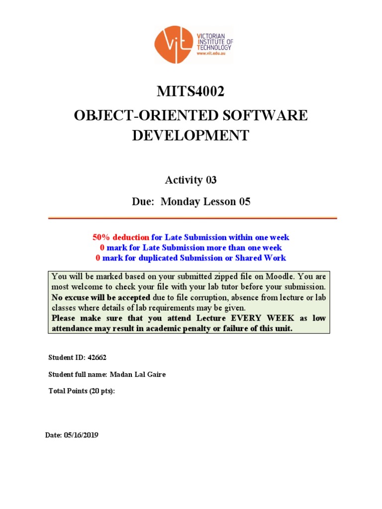 MITS4002 Object-Oriented Software Development: Activity 03 Due: Monday Lesson 05 | PDF | Integer ...