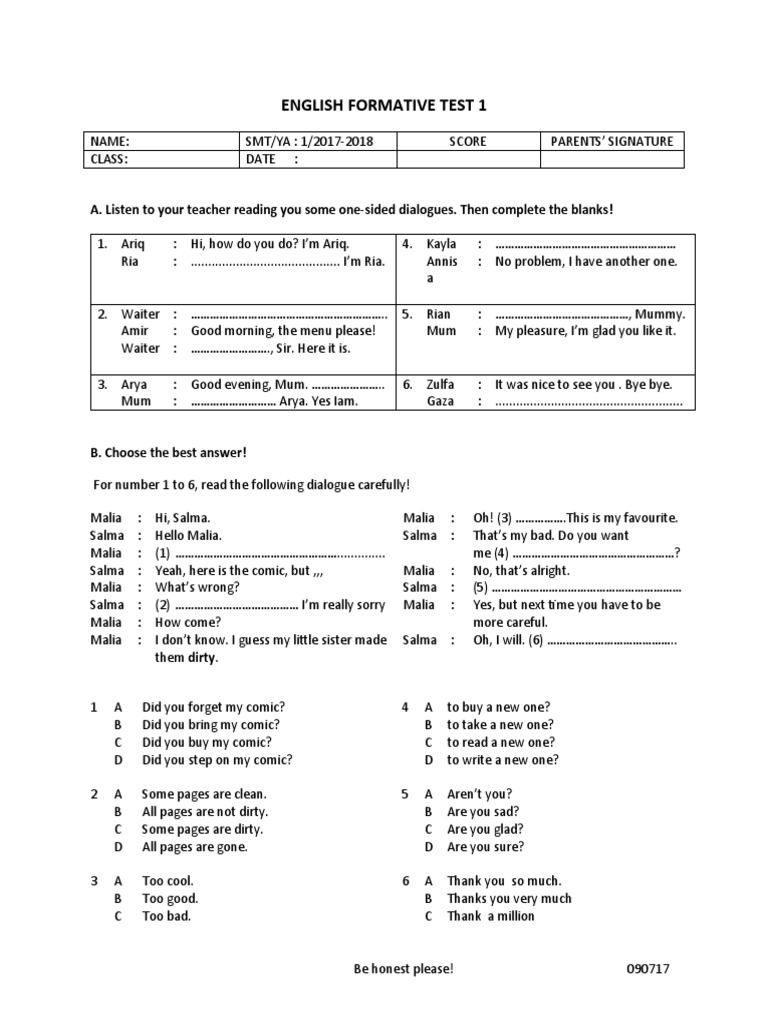 English Formative Test 1: A. Listen To Your Teacher Reading You Some ...