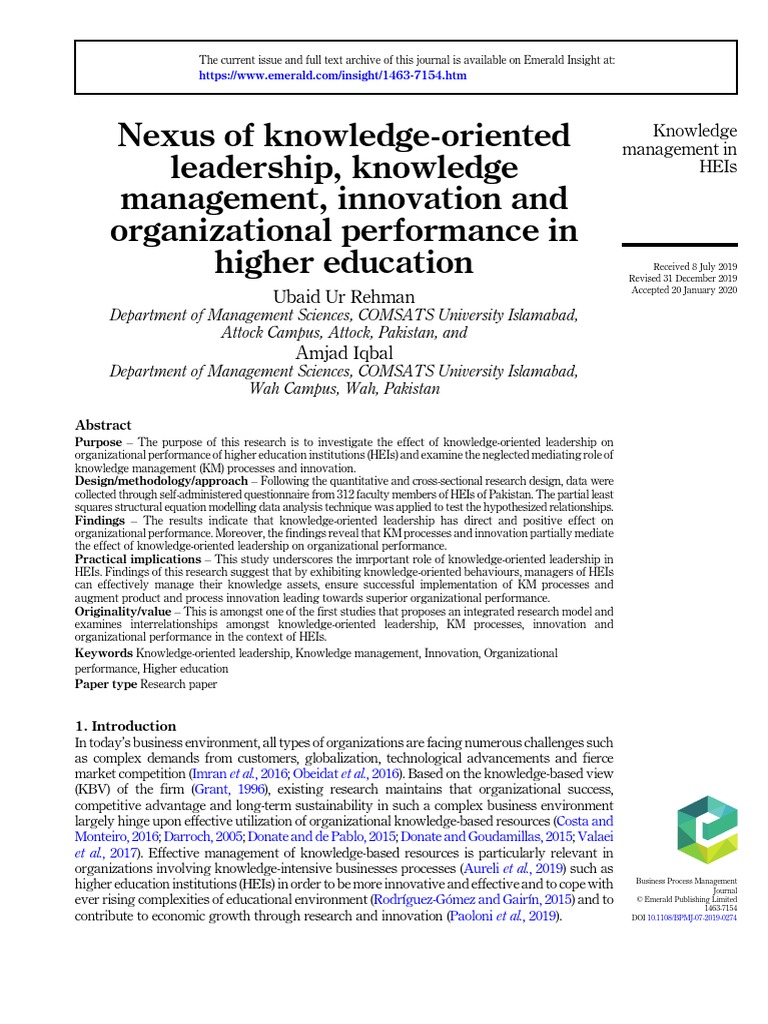 Nexus of Knowledge-Oriented Leadership, Knowledge Management, Innovation and Organizational ...