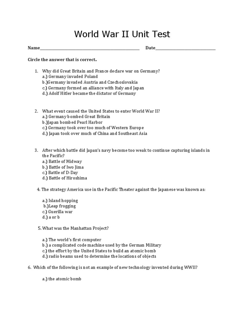 WWII Test for History Students | PDF | World War II | Global Politics