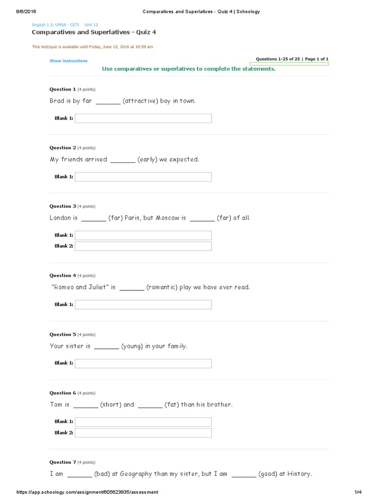 Comparatives and Superlatives Quiz | PDF