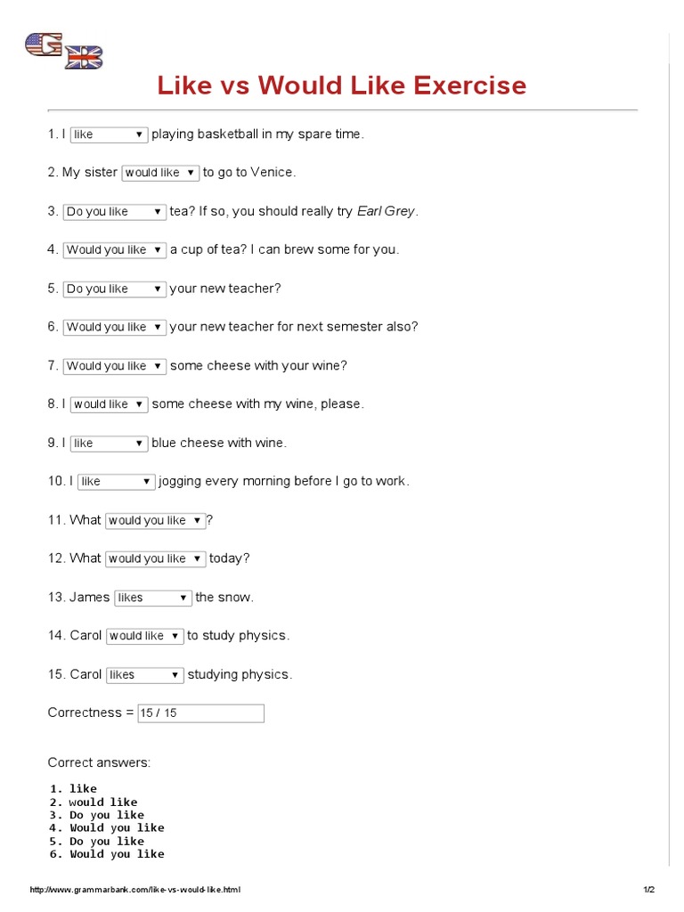Like vs Would Like Exercises | PDF | Language Arts & Discipline | Self ...