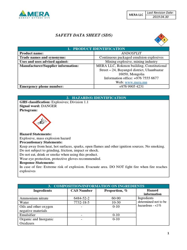 Safety Data Sheet (SDS) : 1. Product Identification | PDF | Personal ...