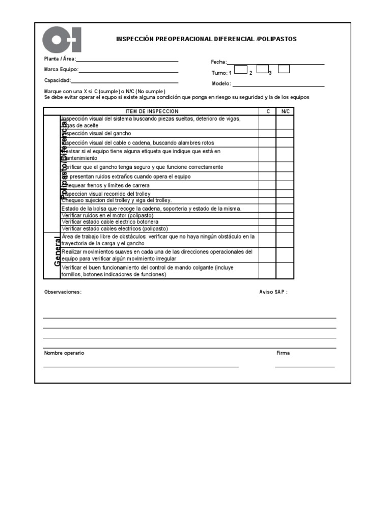 Preoperational inspection checklist for overhead cranes and hoists | PDF