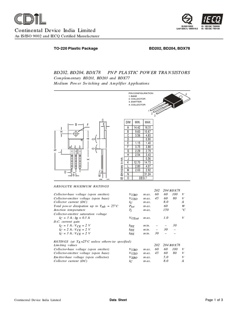 Continental Device India Limited: BD202, BD204, BDX78 PNP Plastic Power ...