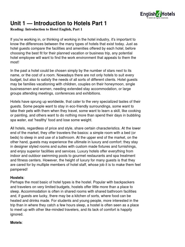 Unit 1 - Introduction To Hotels Part 1 | PDF | Motel | Hotel