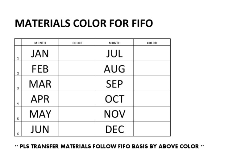Materials Color For Fifo: JAN JUL FEB AUG MAR SEP APR OCT MAY NOV JUN DEC | PDF