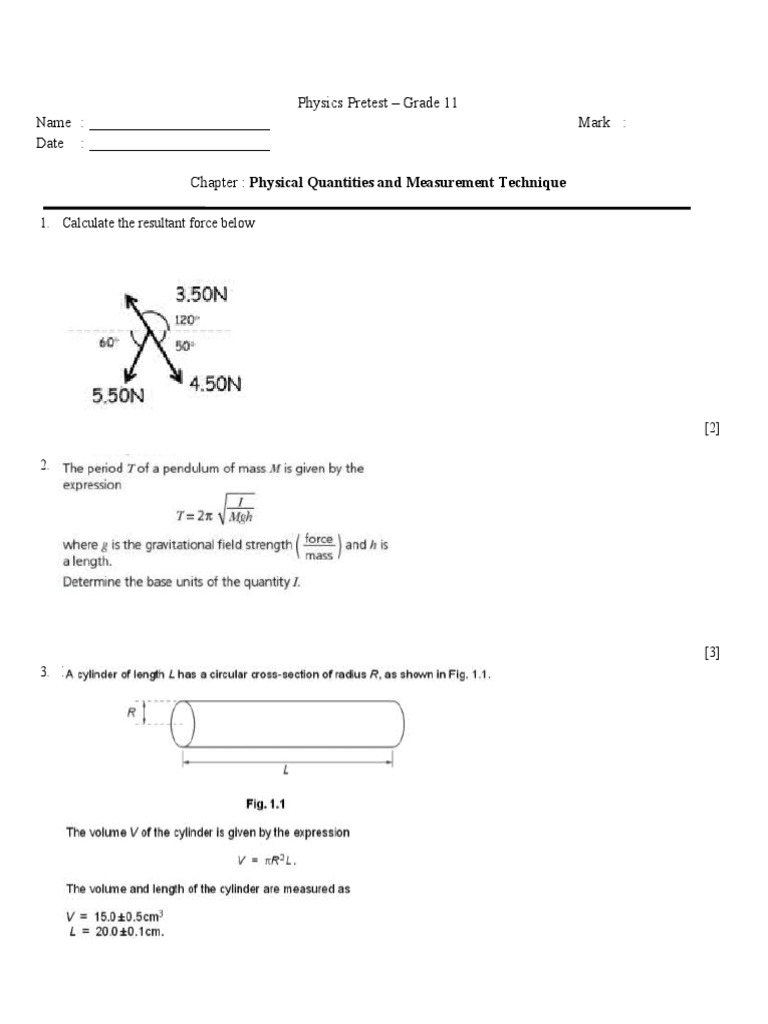 Physics Pretest - Grade 11 Name: Mark: Date: Chapter: Physical ...