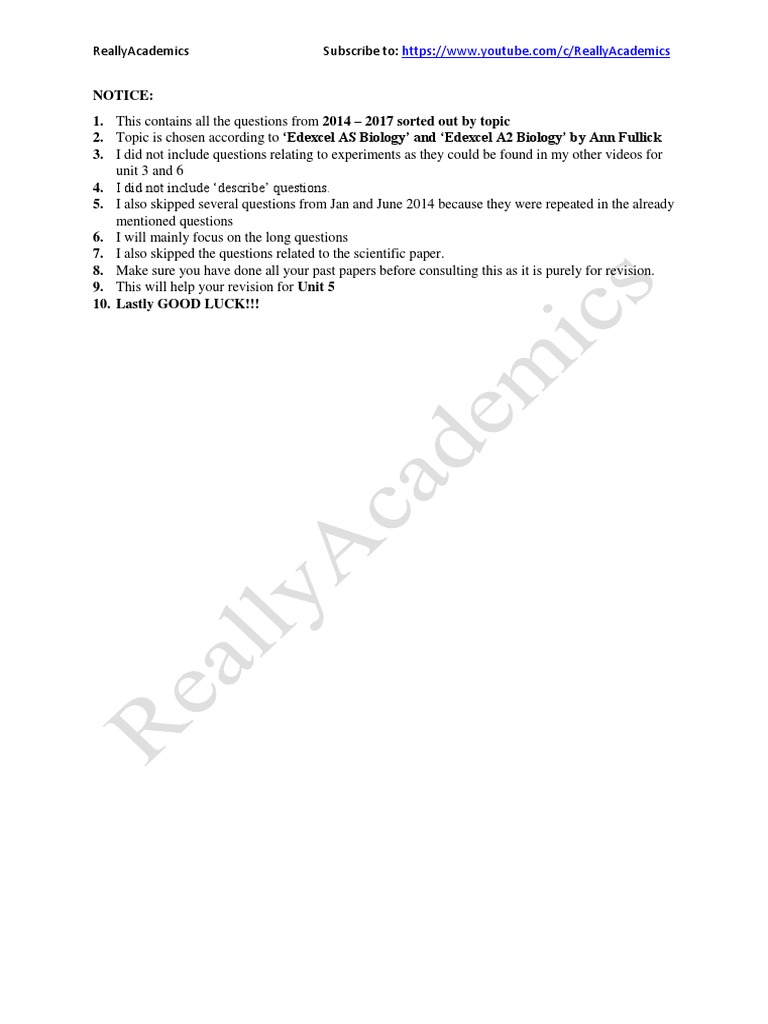 IAL Edexcel Biology Unit 5 Frequently Asked Questions Sorted by Topic ...