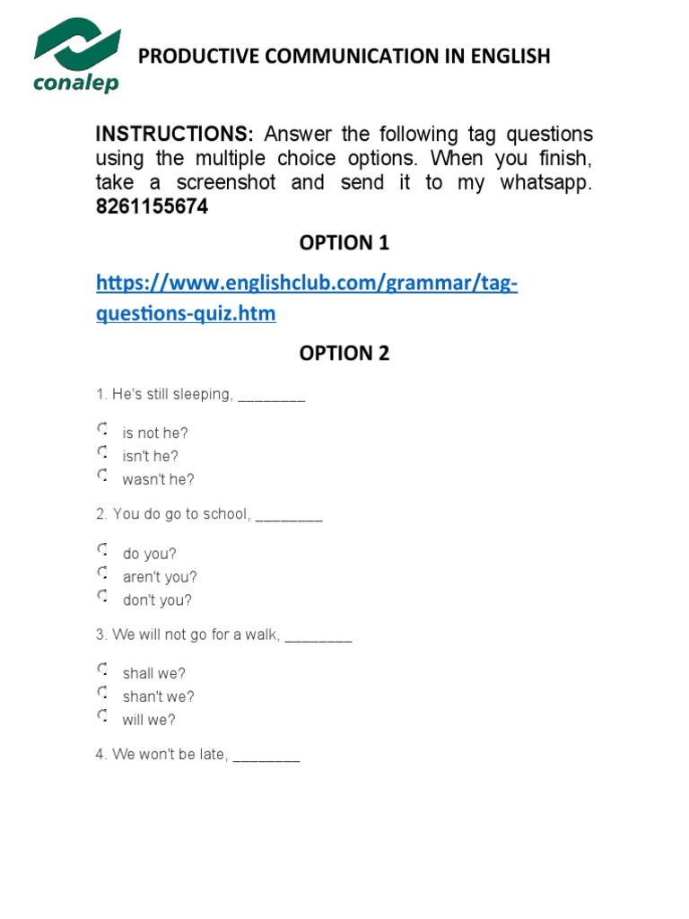 4TH Productive Communication in English. Tag Question Multiple Choice | PDF