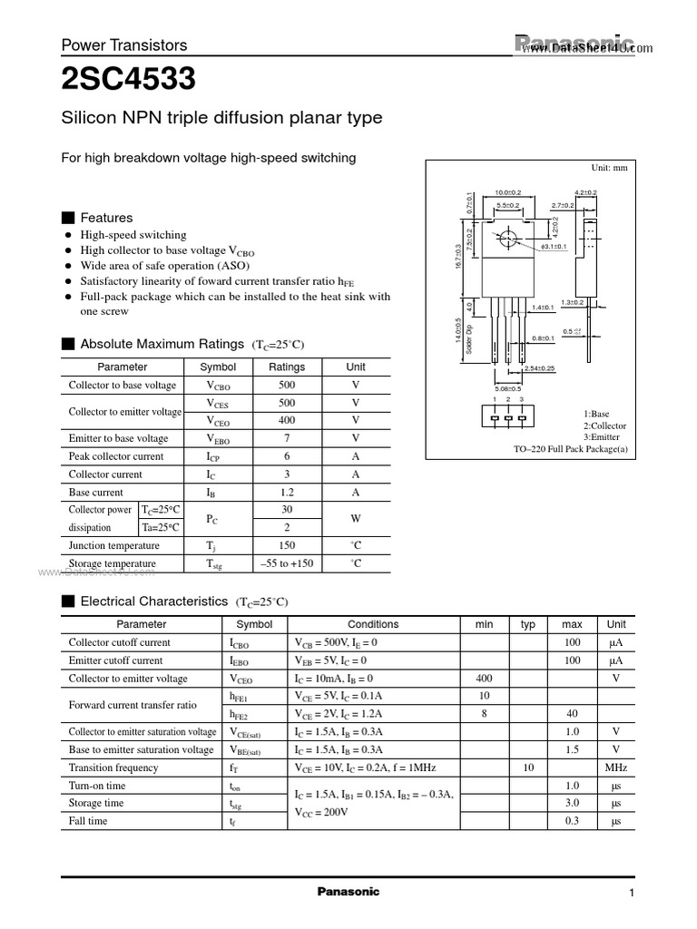 Silicon NPN Triple Diffusion Planar Type: Power Transistors | PDF | Bipolar Junction Transistor ...