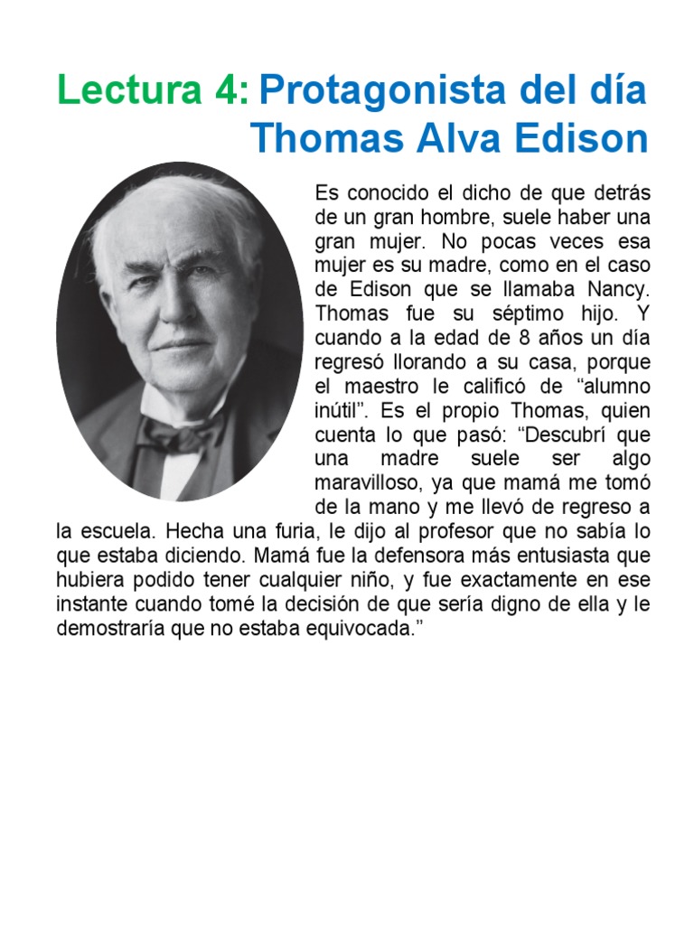 Lectura 4 El Protagonista Del Dìa Thomas Alva Edison | PDF | Thomas ...