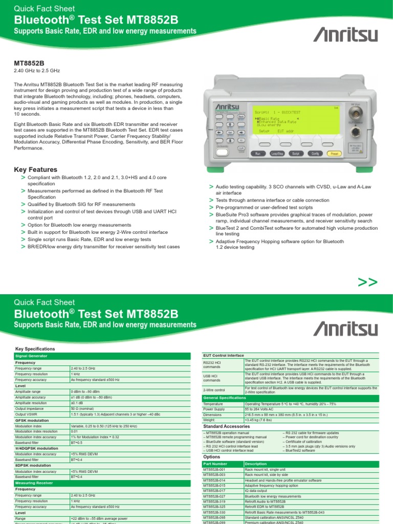 Bluetooth Test Set MT8852B: Supports Basic Rate, EDR and Low Energy ...