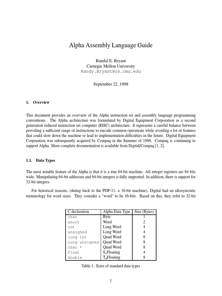 Alpha Assembly Language Guide: Randal E. Bryant Carnegie Mellon University | PDF | Integer ...