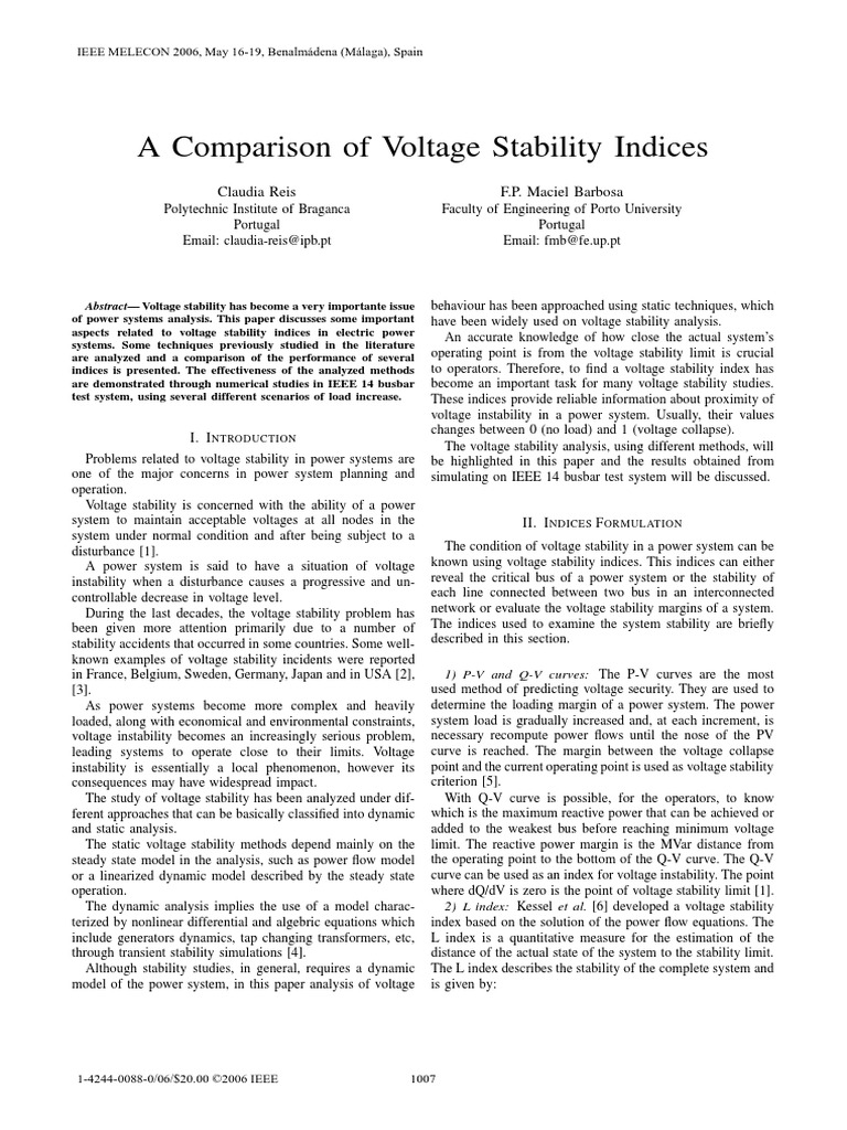 A Comparison of Voltage Stability Indices PDF | PDF | Stability Theory ...