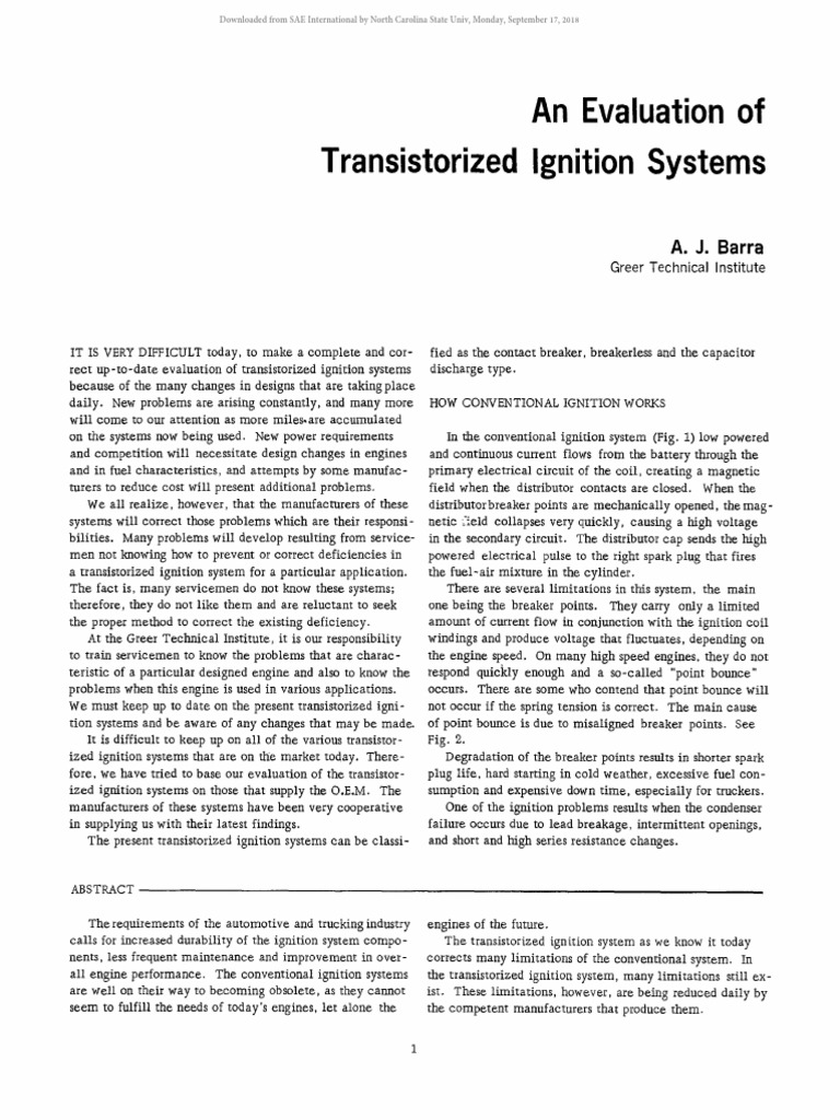 An Evaluation of Transistorized Ignition Systems: A. J. Barra | PDF ...