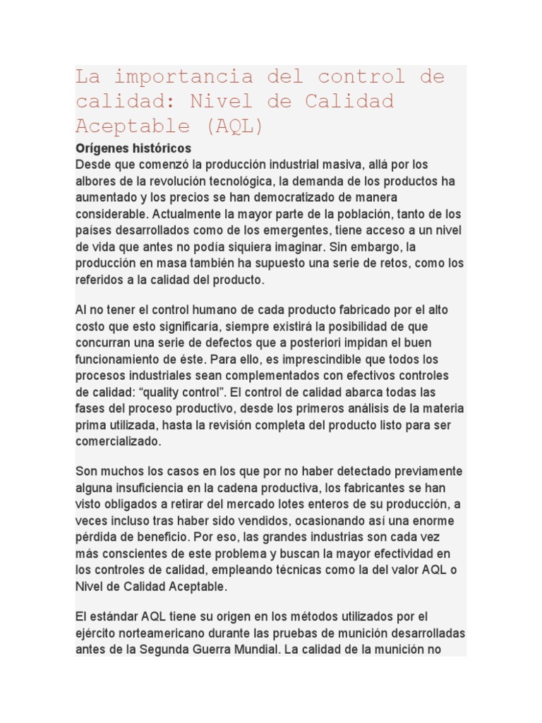 La Importancia Del Control de Calidad | PDF | Calidad (comercial ...