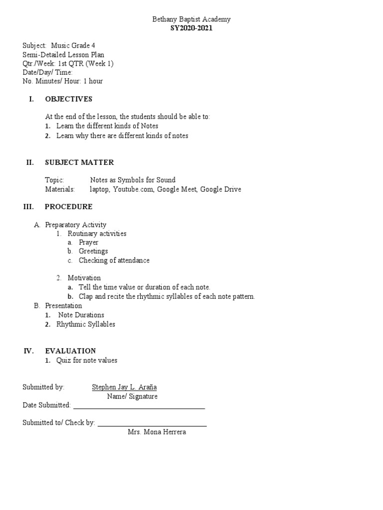 Grade 4 Music | PDF | Rhythm | Lesson Plan