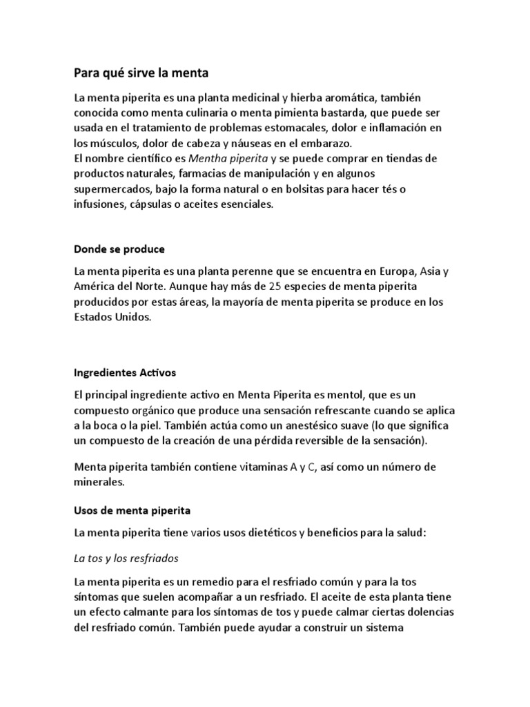 Para Qué Sirve La Menta | PDF | Mentha | Resfriado comun