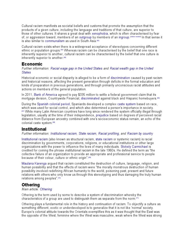 Cultural Racism Manifests As Societal Beliefs and Customs That Promote ...