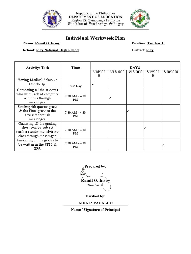 Individual-Work-Week-Plan March 16 - 20 | PDF