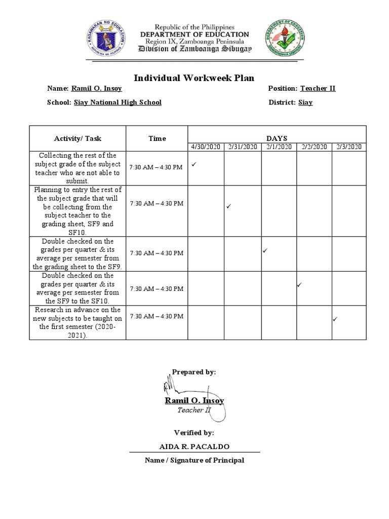 Individual-Work-Week-Plan March 30 - 31 To April 1 - 3 | PDF