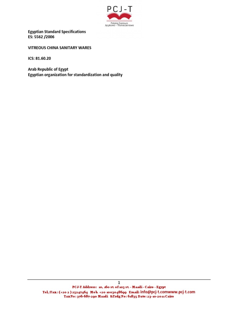 Vitreous China Sanitary Wares: Egyptian Standard Specifications ES ...