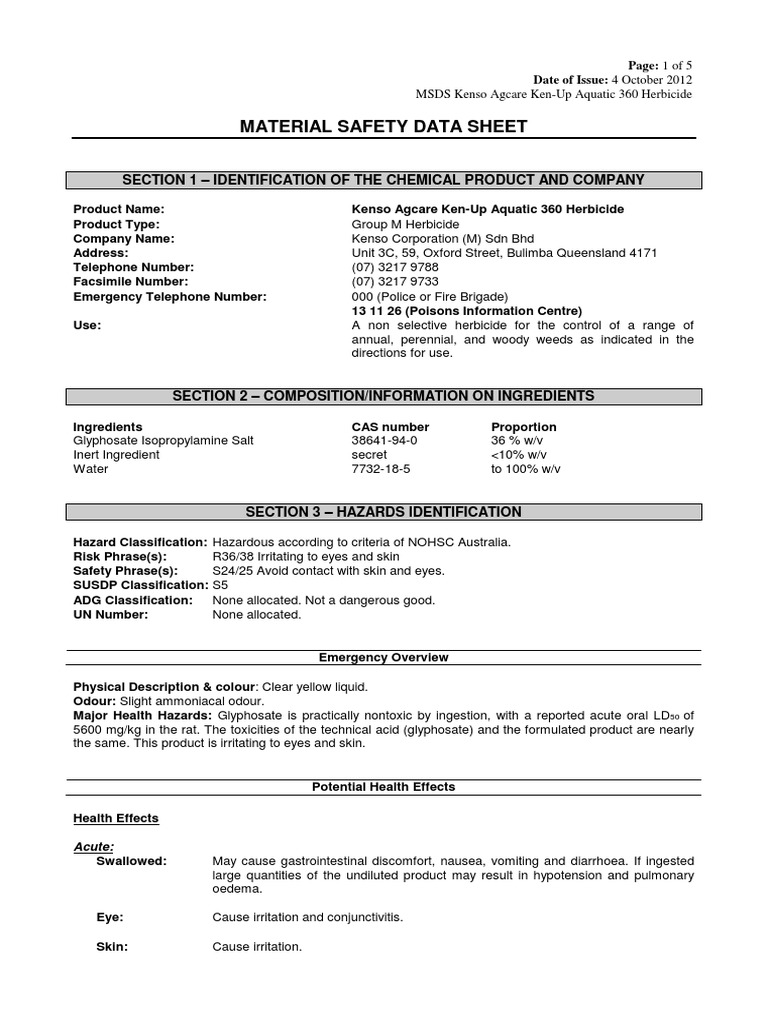 Material Safety Data Sheet for Kenso Agcare Ken-Up Aquatic 360 ...