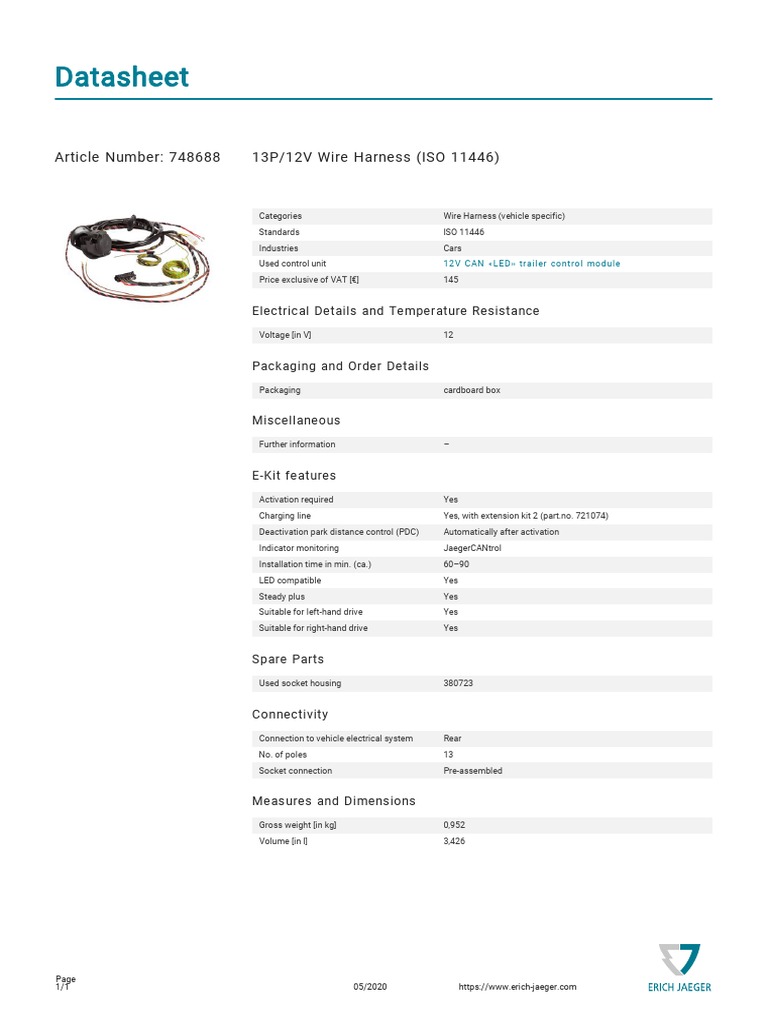Datasheet: Article Number: 748688 13P/12V Wire Harness (ISO 11446) | PDF