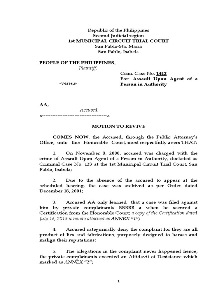 Sample MOTION TO REVIVE | PDF | Plaintiff | Complaint