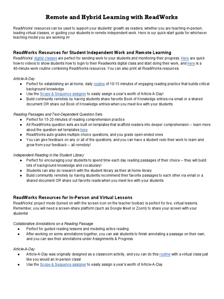 Remote and Hybrid Learning One-Pager Digital | PDF | Reading ...