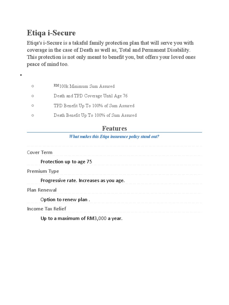 Etiqa I-Secure: Features | Download Free PDF | Insurance | Life Insurance