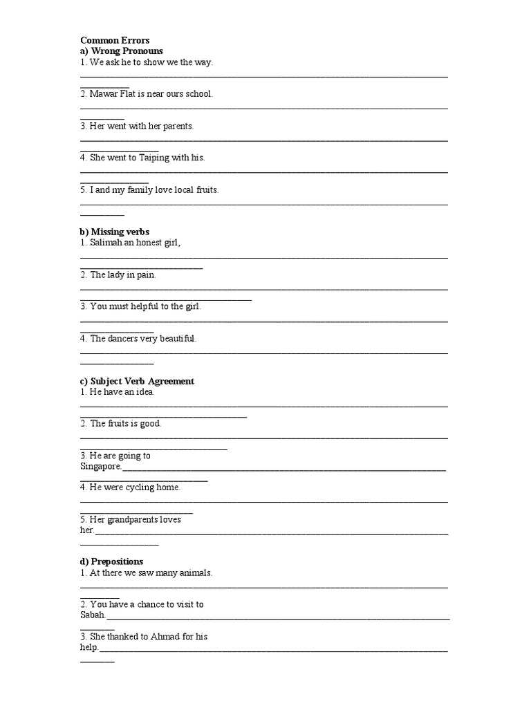 Common Errors A) Wrong Pronouns | PDF | Verb | Syntax