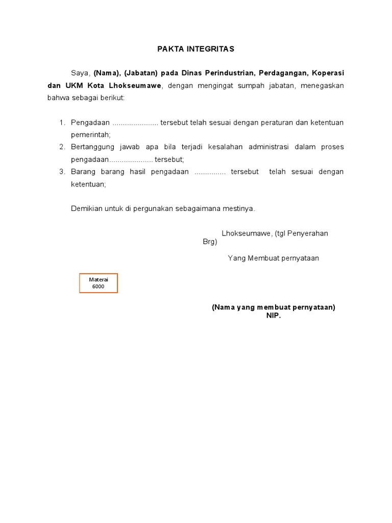 Pakta Integritas | PDF