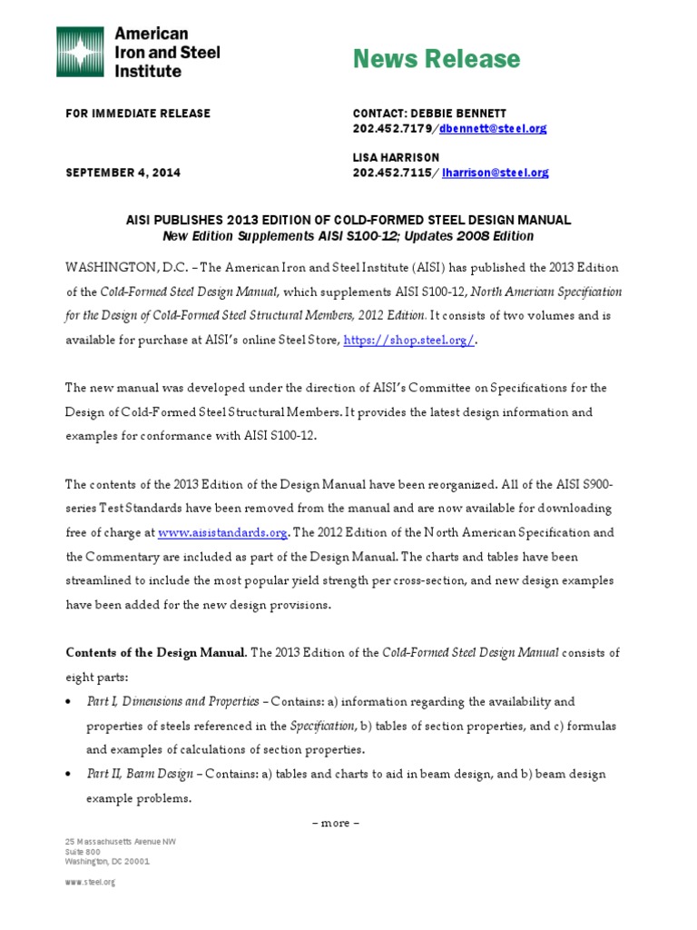 Aisi Publishes 2013 Edition of Cold Formed Steel Design Manual | PDF ...