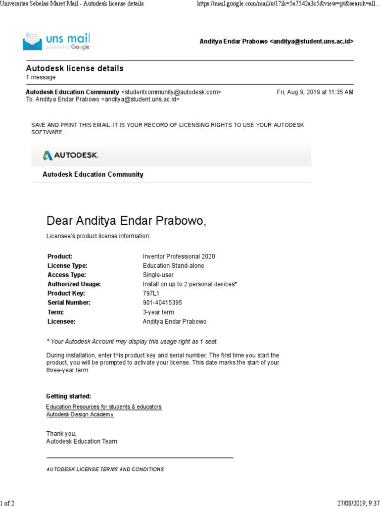 Autodesk Inventor Education License Details | PDF | License | Autodesk