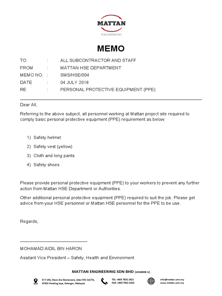 004 Memo - Ppe | PDF | Business | Technology & Engineering