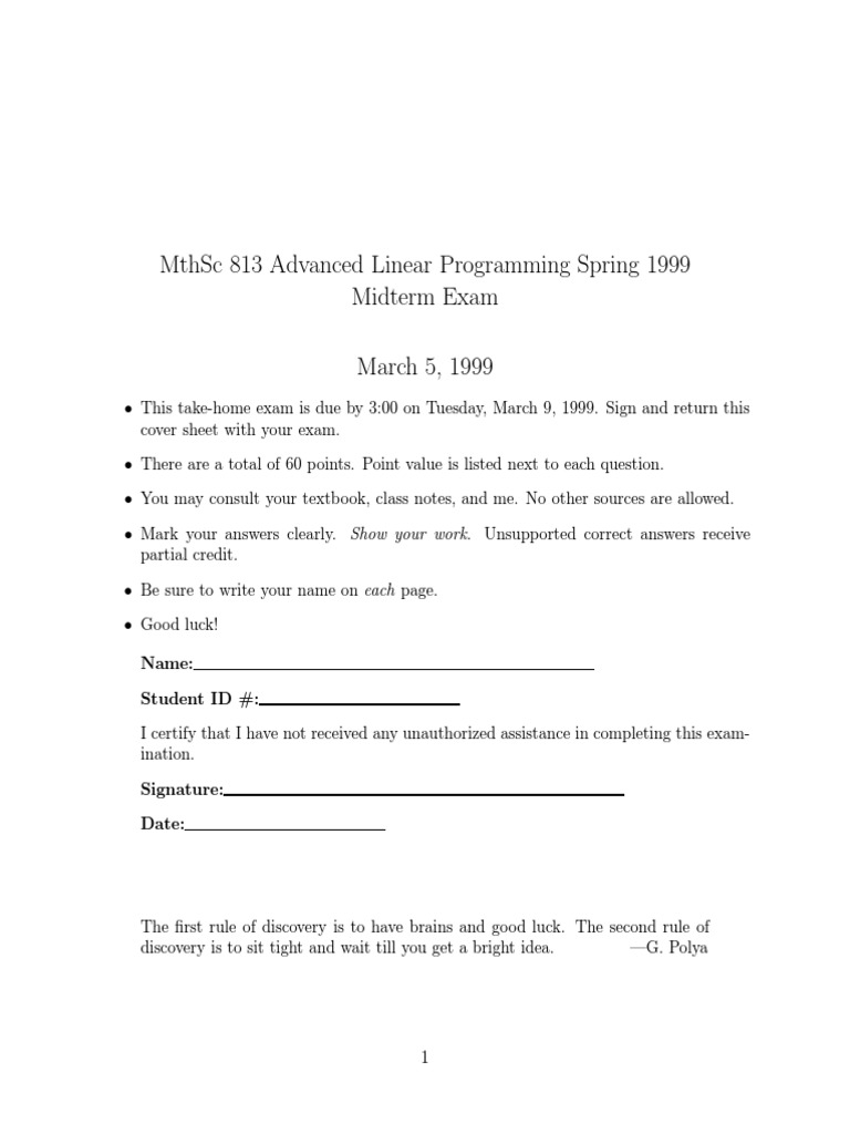 MTHSC 813 Advanced Linear Programming Spring 1999 Midterm Exam | PDF | Linear Programming ...