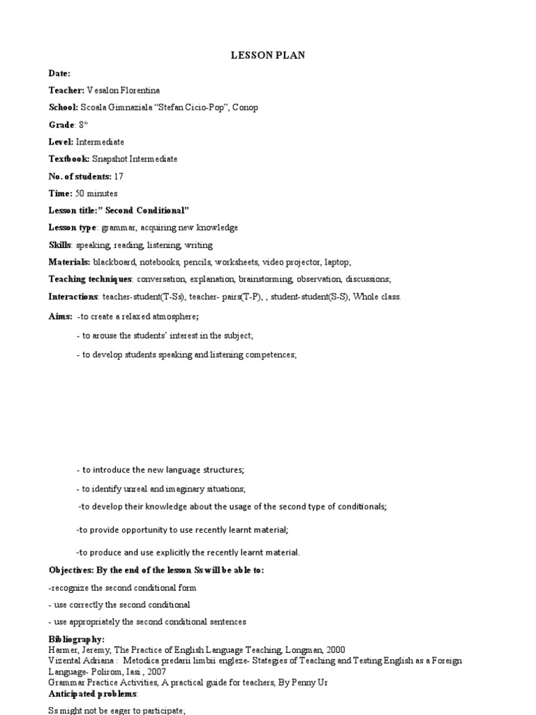 LESSON PLAN - The Second Conditional | PDF | Lesson Plan