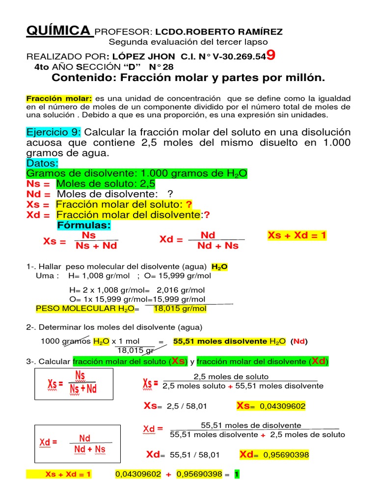 Hoja De Trabajo De Fracción Molar