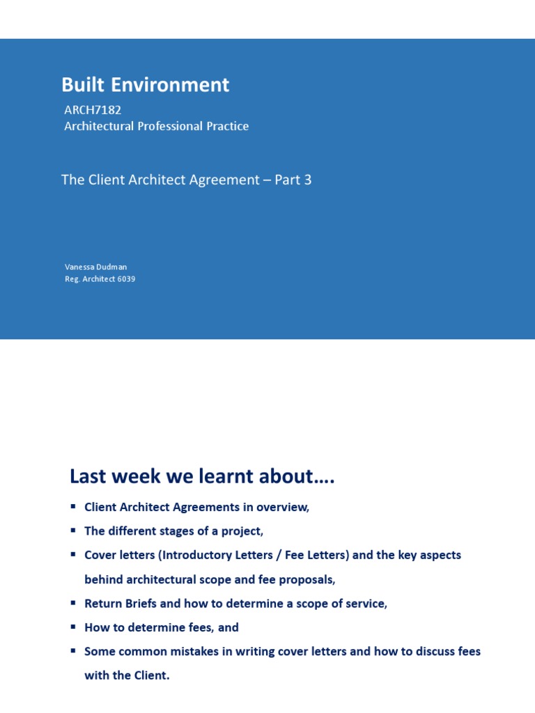 Arch 7182 - Lecture WK 6 - Client Architect Agreements Part 3 | PDF ...