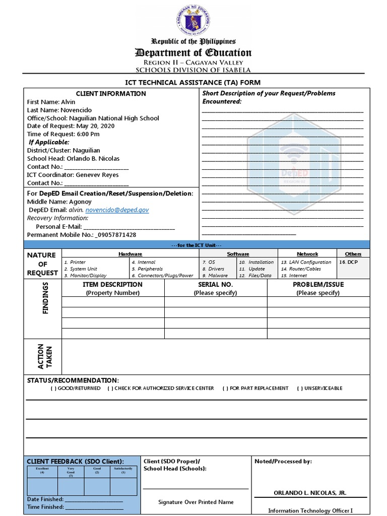 Fm-Sds-Ict-001 Rev 01 Ict Technical Assistance (Ta) Form-Editable | PDF | Information Technology ...
