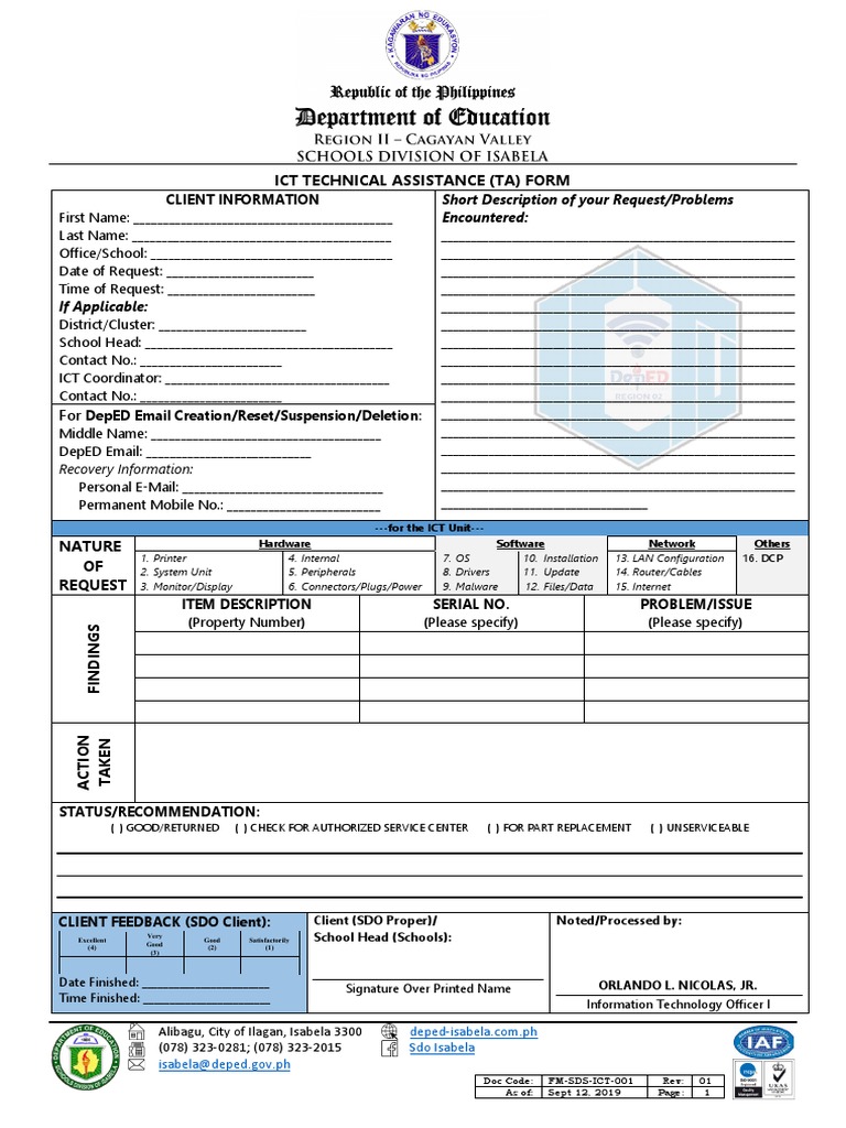 Fm-Sds-Ict-001 Rev 01 Ict Technical Assistance (Ta) Form-Editable | PDF | Information Technology ...