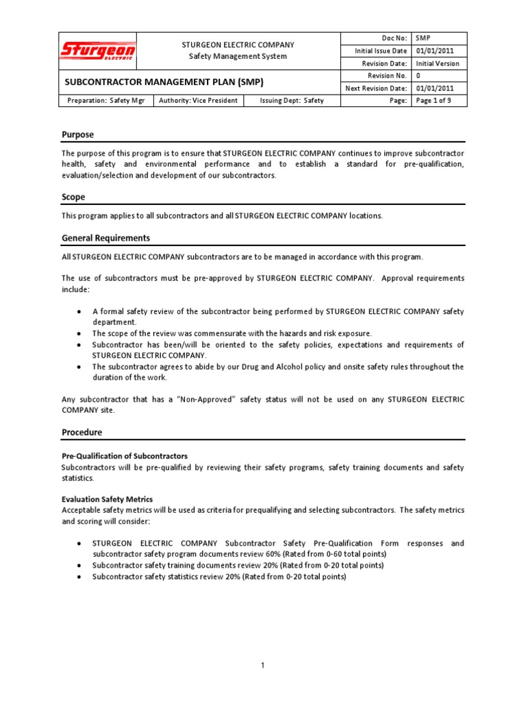 Subcontractor Management Plan (SMP) : Purpose | PDF | Safety | Personal ...