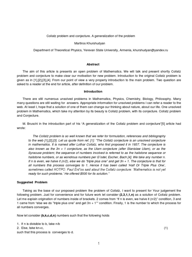 Collatz Problem and Conjecture. A Generalization of The Problem | PDF ...