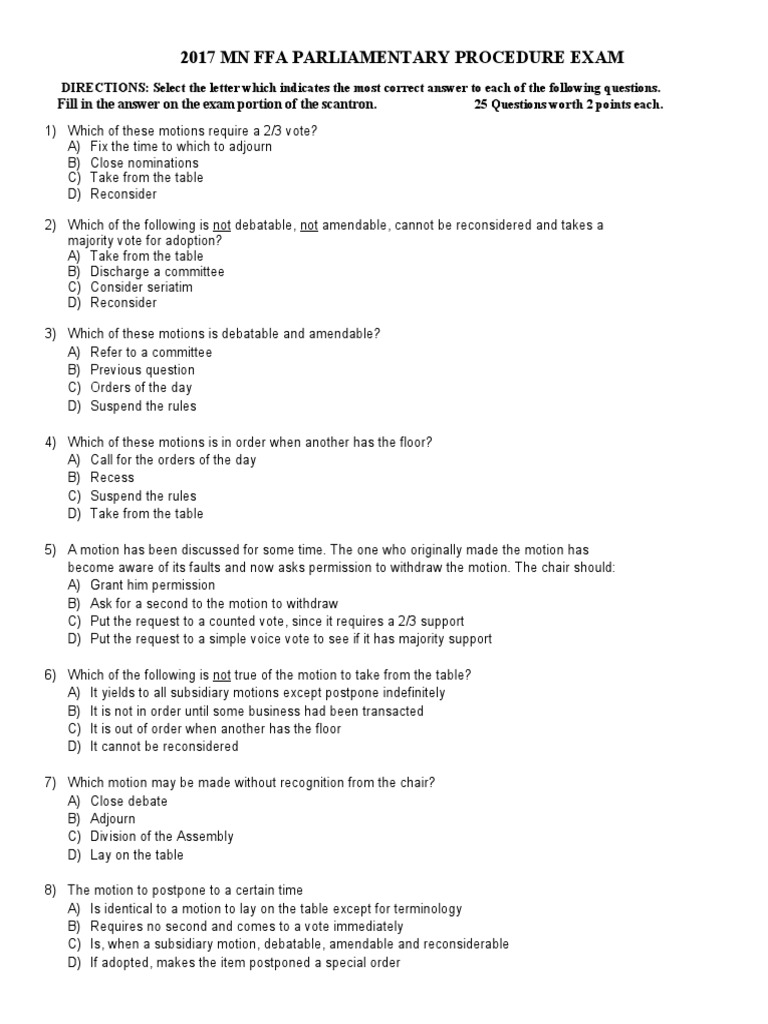 FFA Parliamentary Exam Guide | PDF | Rules | Group Decision Making