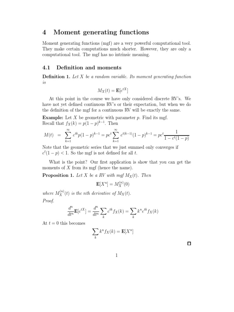4 Moment Generating Functions: 4.1 Definition and Moments | PDF | Random Variable | Function ...